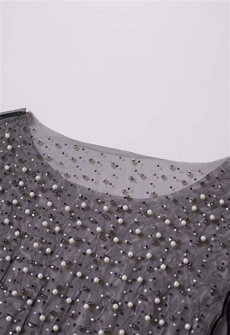 Full Pearl Embellished Sheer Mesh Top In Black Retro Indie And