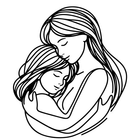 Dibujo De Línea De Una Madre Abrazando A Su Hija Vector Premium