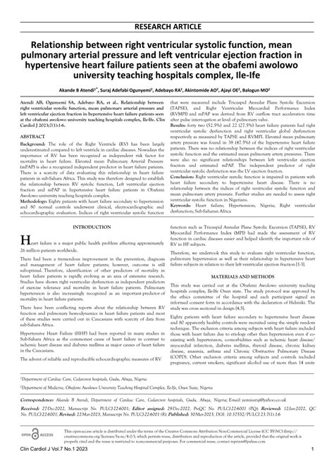 Pdf Relationship Between Right Ventricular Systolic Function Mean Pulmonary Arterial Pressure