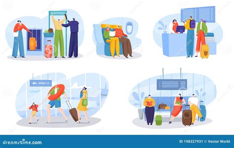 People In Airport Vector Illustration Set Cartoon Flat Man Woman