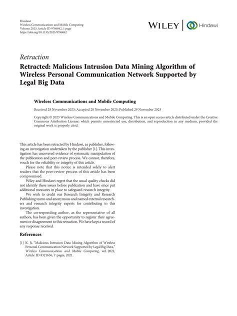 PDF Retracted Malicious Intrusion Data Mining Algorithm Of Wireless
