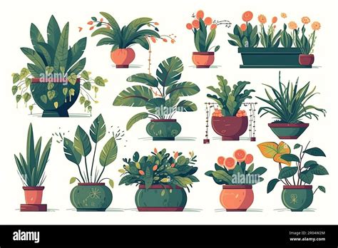 Houseplants In Flowerpots On White Background Illustration Set Vector