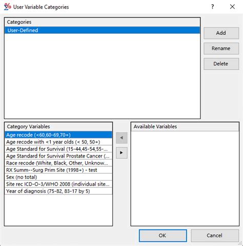 User Variable Categories Dialog — Seerstat Help System