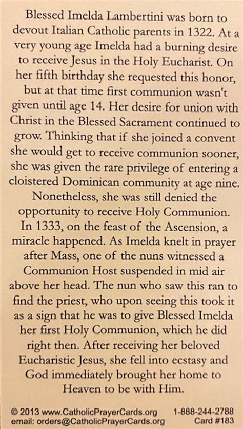 Blessed Imelda Lambertini Prayer Card
