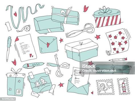 봉투 선물 상자 카드 가위 꼬임 태그 및 펜 대응 일러스트레이션을위한 봉투와 선물 상자의 포스트 벡터 세트 선물 포장 및 포장