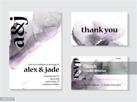 Holographic회색 보라색 색상에서 추상 벡터 대리석 유체 결혼식 초대 텍스트와 수채화 페인트 텍스처 당신에게 카드와 Rsvp 디자인 템플릿을 감사합니다 홀로그래픽에
