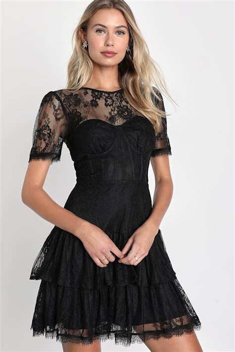 Black Lace Dress Short Sleeve Dress Tiered Bustier Midi Dress Lulus
