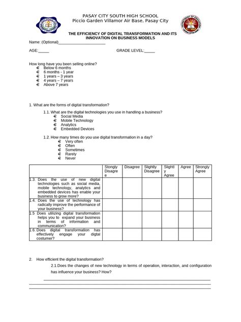 Questionaire Format With Example Contents 2 1 Pdf Business
