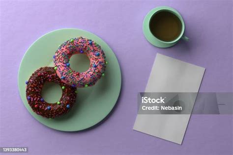 도넛 두 개와 차 한 잔 보라색 배경 빈 용지 아침 식사 개념 3d 렌더링 0명에 대한 스톡 사진 및 기타 이미지 0명 3차원 형태 감정 Istock