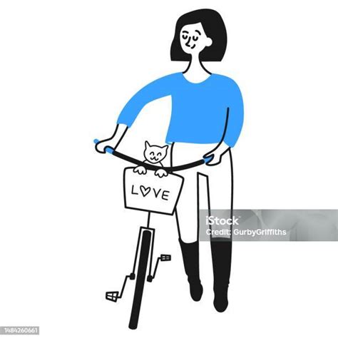 자전거를 타고 걷는 웃는 여자 고양이 안의 자전거 바구니 그림 걷기에 대한 스톡 벡터 아트 및 기타 이미지 걷기 귀여운