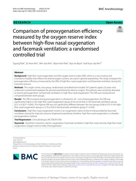 Pdf Comparison Of Preoxygenation Efficiency Measured By The Oxygen Reserve Index Between High