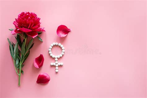 Sex Venus Symbole Fait De Pilules Et De Fleur De Pivoine Sur Fond Rose Photo Stock Image Du