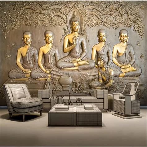 Custom Wall Paper 3D Embossed Golden Buddha Statue Gray Background Wall