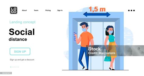 소셜 거리 웹 개념 엘리베이터에서 멀어지는 가면을 쓴 남자와 여자 코로나바이러스 예방 사용자 장면의 템플릿입니다 웹 사이트에 대한 평면 디자인에서 캐릭터 활동이있는 벡터