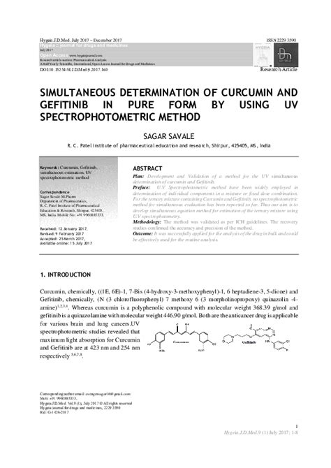 Pdf Simultaneous Determination Of Curcumin And Gefitinib In Pure Form By Using Uv