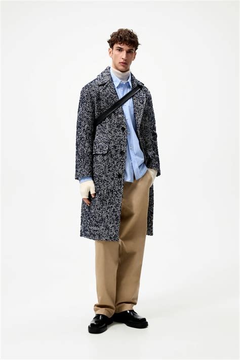 Oversize Herringbone Coat Navy Blue Zara Thailand