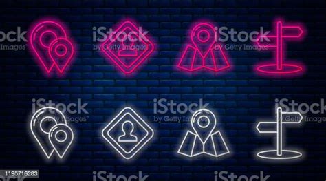 위치 표시기 지도 핀 및 도로 교통 표지판라인 도로 교통 표지판 접힌지도를 설정합니다 벽돌 벽에 빛나는 네온 아이콘입니다 벡터