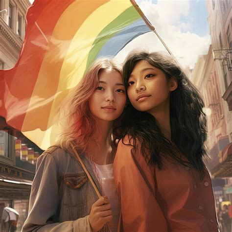 Premium Photo Young Girls Holding A Rainbow Flag In The Style Of