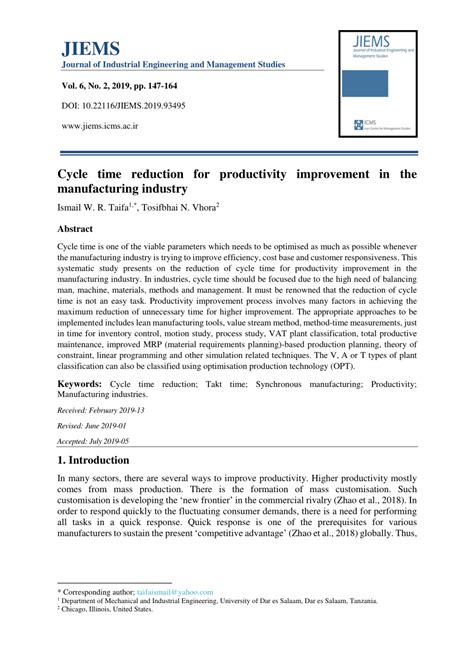 Pdf Cycle Time Reduction For Productivity Improvement In The