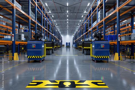 Automated Robots Navigate A Vast Modern Warehouse Equipped With High Shelving And Advanced