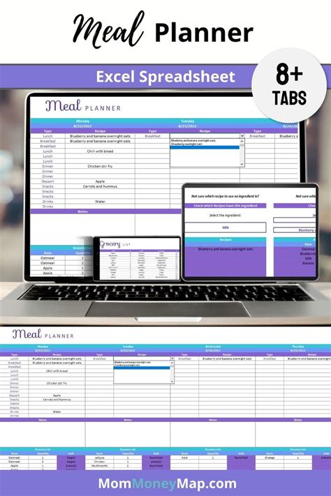 Meal Planner Excel Spreadsheet With Automated Grocery List Purple An