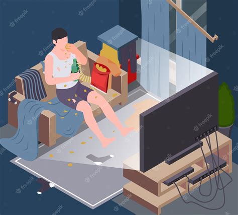 Tv 시청 기호 벡터 일러스트와 함께 지저분하고 더러운 방 아이소 메트릭 배경 프리미엄 벡터