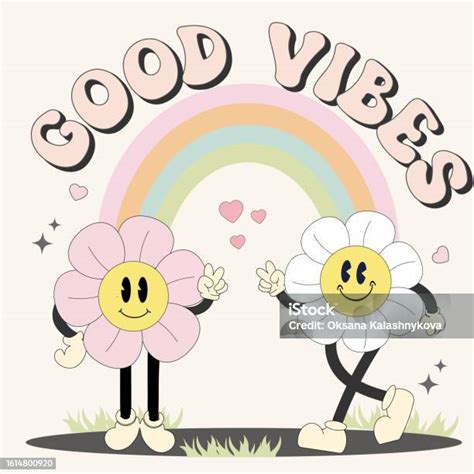 좋은 분위기 그루비한 빈티지 타이포그래피 아름다운 꽃 패션 그래픽 티셔츠 프린트 포스터를 위한 벡터 일러스트레이션 디자인 그루비 히피 70년대 세트 재미 있은 만화 꽃 0