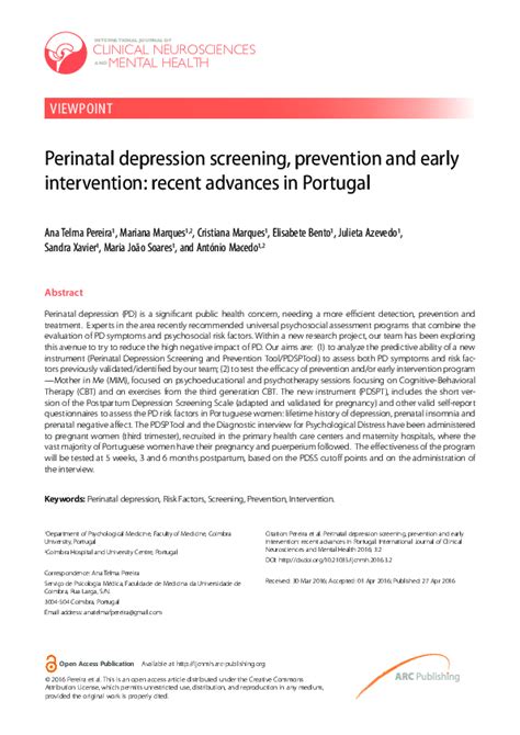 Pdf Perinatal Depression Screening Prevention And Early Intervention