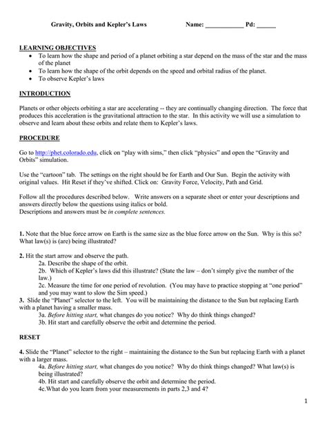 Gravity And Orbits Phet Worksheet Printable Calendars At A Glance