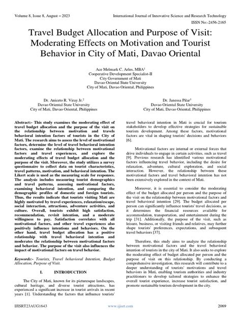 Travel Budget Allocation And Purpose Of Visit Moderating Effects On Motivation And Tourist