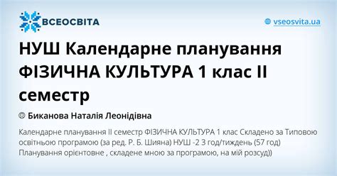 НУШ Календарне планування ФІЗИЧНА КУЛЬТУРА 1 клас ІІ семестр Конспект НУШ