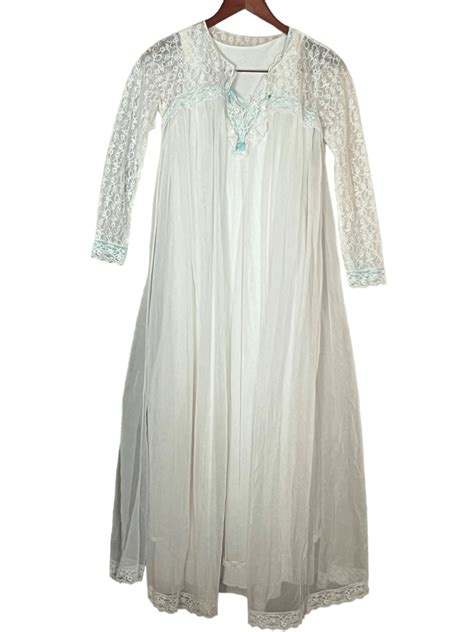 Vintage Miss Elaine 70s Lace Nightgown Set Duster La Gem