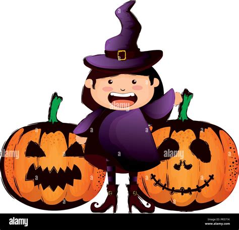 Girl Dressed Up As A Halloween Witch And Pumpkins Vector Illustration
