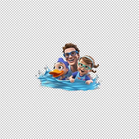 Nage En Famille Européenne d Arrière plan Transparent Dans Le Style De Dessin Animé PSD Premium