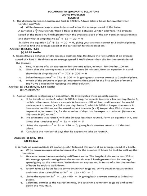 Quadratic Equation Word Problems Pdf Speed Equations