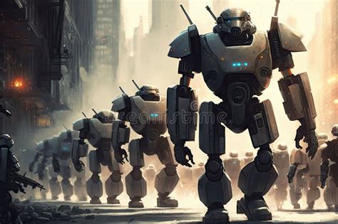 Robot Army Marching Through City With Blasters In Hand Stock