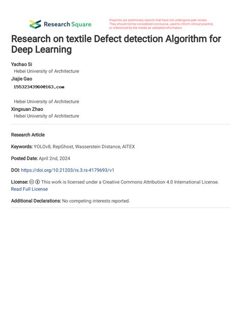 Pdf Research On Textile Defect Detection Algorithm For Deep Learning