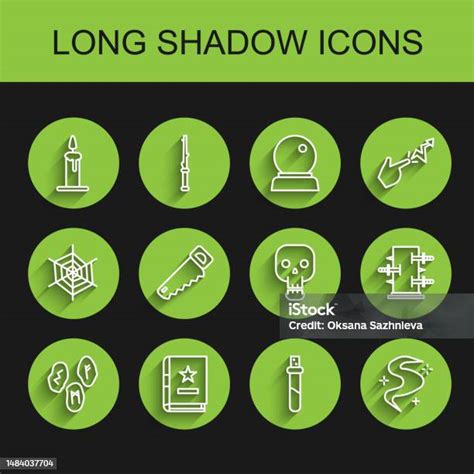 세트 라인 마법 룬 고대 마법 책 촛대에 불타는 촛불 사랑의 묘약이 든 병 안개 또는 연기 손톱 트릭 트렁크 및 해골 아이콘 벡터 거미에 대한 스톡 벡터 아트 및 기타