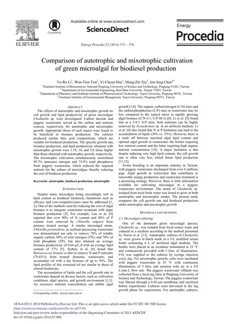 Pdf Comparison Of Autotrophic And Mixotrophic Cultivation Of Green Microalgal For Biodiesel
