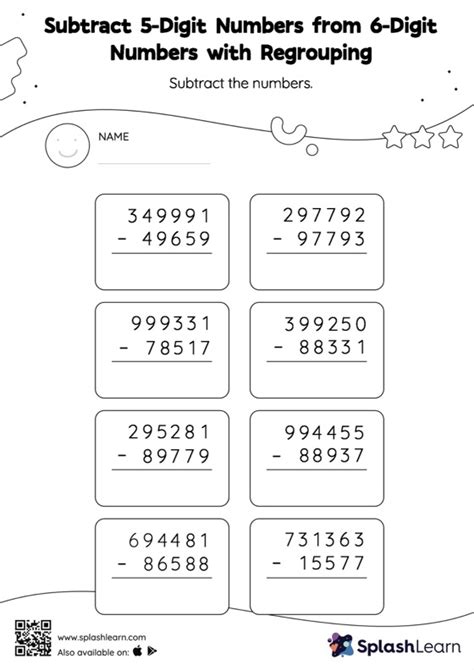 Subtract 5 Digit Numbers From 6 Digit Numbers With Regrouping Vertical