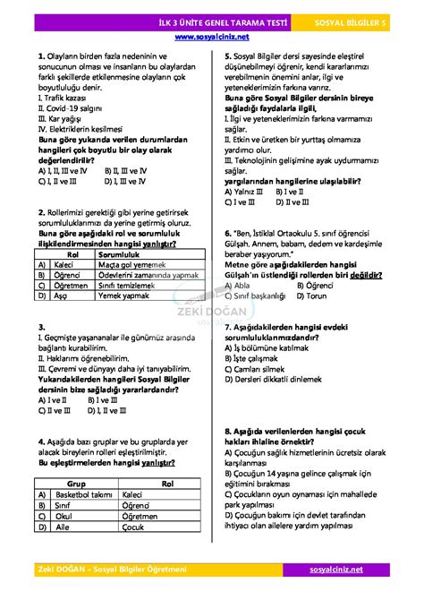 5 SINIF SOSYAL BİLGİLER GENEL TARAMA TESTİ SOSYALCİNİZ Sosyal