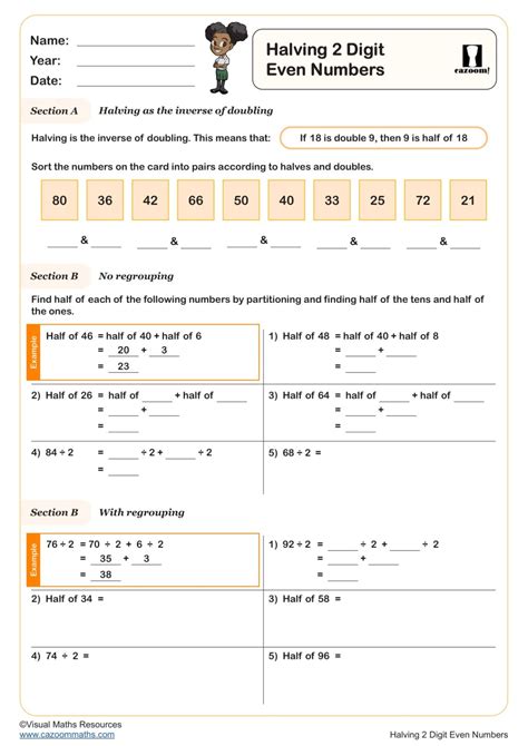 Halving 2 Digit Even Numbers Printable Pdf Ks2 Number Worksheet