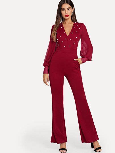 Shein Plunging Pearl Embellished Lantern Sleeve Flared Jumpsuit Boho