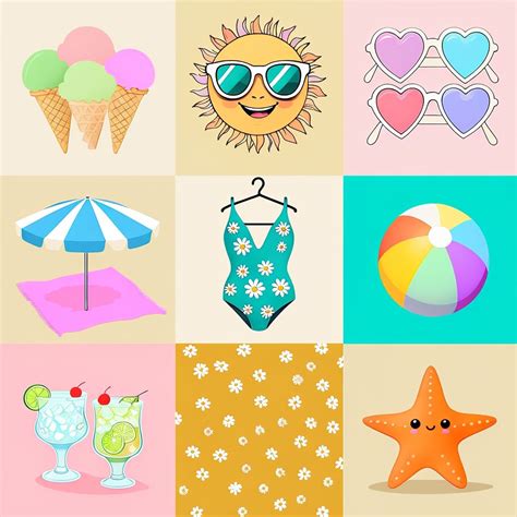 Vibrant Summer Themed Cartoon 3x3 Grid Pattern Design Seamless Pattern Playground