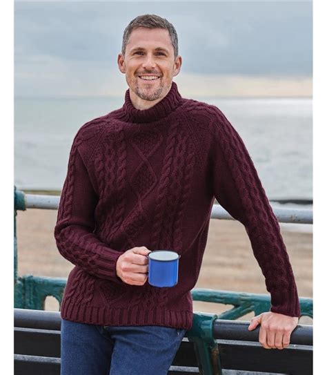 Dark Plum Pure Wool Knitted Aran Polo Neck Jumper Woolovers Au
