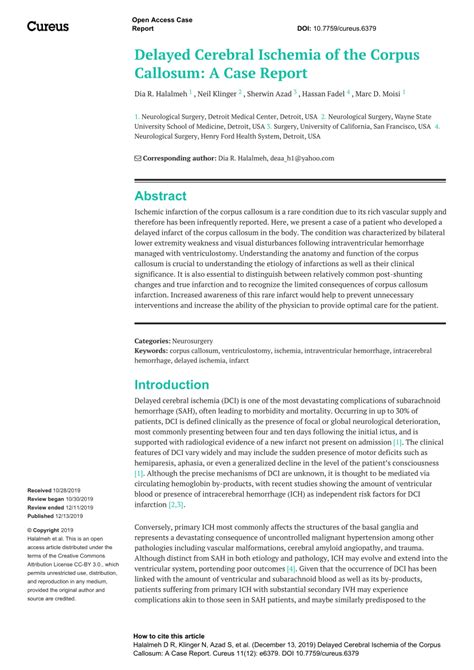 Pdf Delayed Cerebral Ischemia Of The Corpus Callosum A Case Report