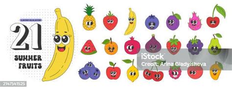 재미 있는 그루비 과일 캐릭터 세트입니다 파인애플 딸기 바나나 블루베리 매실 체리 수박 살구 석류 무화과 블루베리 배 사과 레몬 라즈베리 복숭아 망고 벡터 일러스트 레이 션