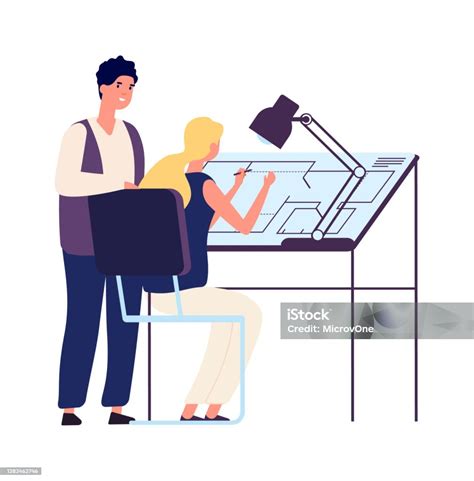 학생 프로젝트 레이아웃 아파트 평면 디자이너 작품 건축 회사 여성 건축가 및 고객 벡터 일러스트레이션 건설 산업에 대한 스톡 벡터 아트 및 기타 이미지 Istock