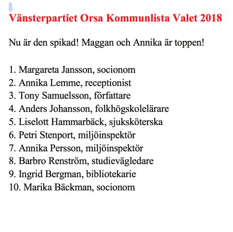 Vänsterpartiet Orsa Kommunlista Valet 2018 Vänsterpartiet Orsa Vänsterpartiet Orsa