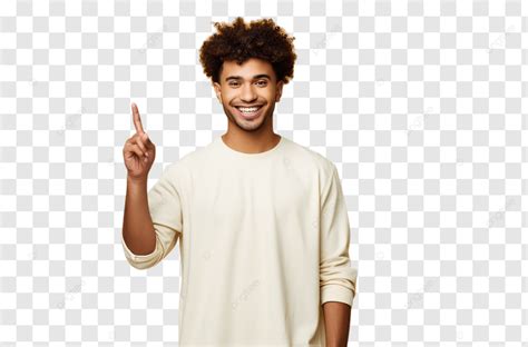 カジュアルな白いシャツを着て一本の指を上げる巻き毛の笑顔の若い男性イラスト素材透過、pngフリー画像ダウンロード Pngtree